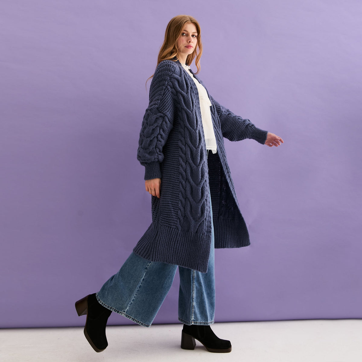 Alex Cable Balloon Sleeve Maxi Cardigan - Denim | Cara & the Sky – Cara ...