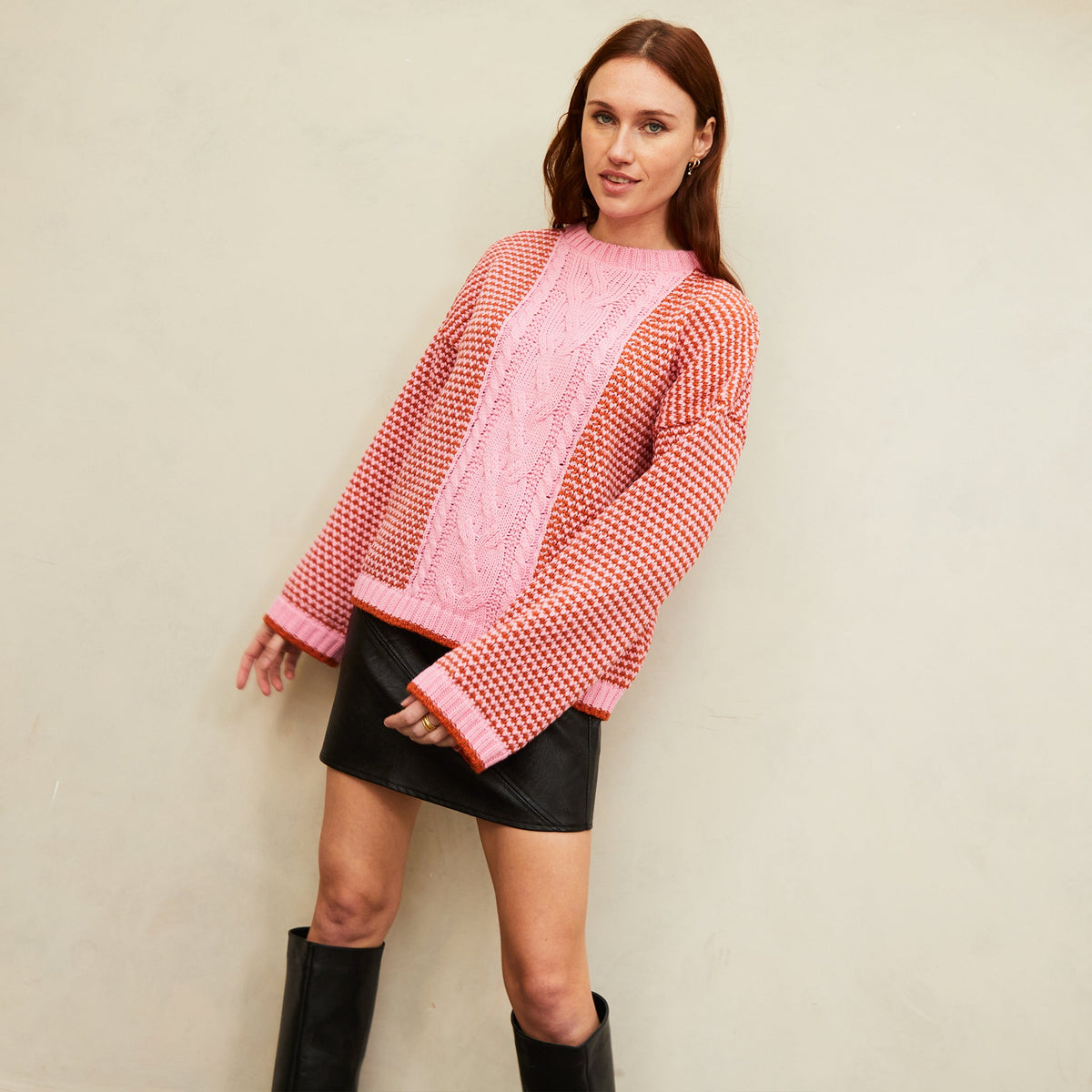 Frankie Cable Knit Pink Crew Neck Jumper for Women | Cara & The Sky